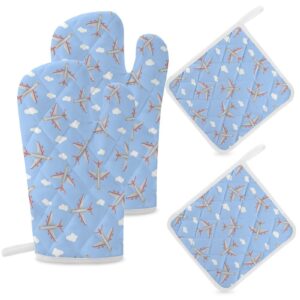 Airplane in The Sky Print Oven Mitts and Pot Holders 4 Piece Set Gloves and Potholders for Kitchen Cooking