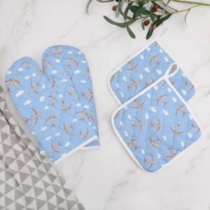 Airplane in The Sky Print Oven Mitts and Pot Holders 4 Piece Set Gloves and Potholders for Kitchen Cooking