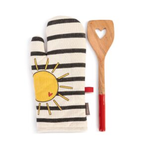 demdaco sun and stripes yellow 12 inch cotton and wood oven mitt and spatula set