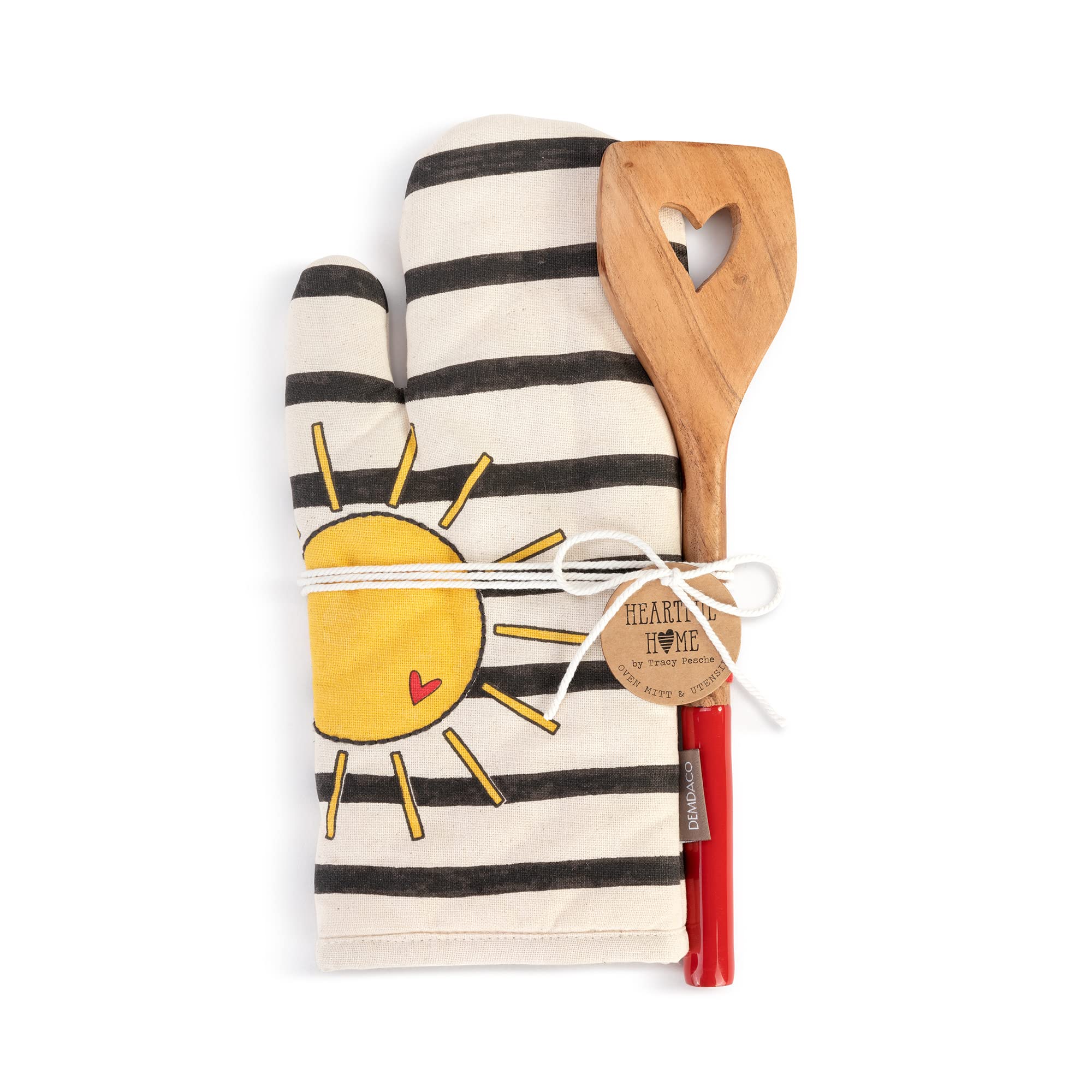 Demdaco Sun and Stripes Yellow 12 inch Cotton and Wood Oven Mitt and Spatula Set