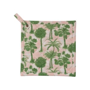 creative co-op cotton palm tree pattern pot holder, 8" l x 8" w x 0" h, pink