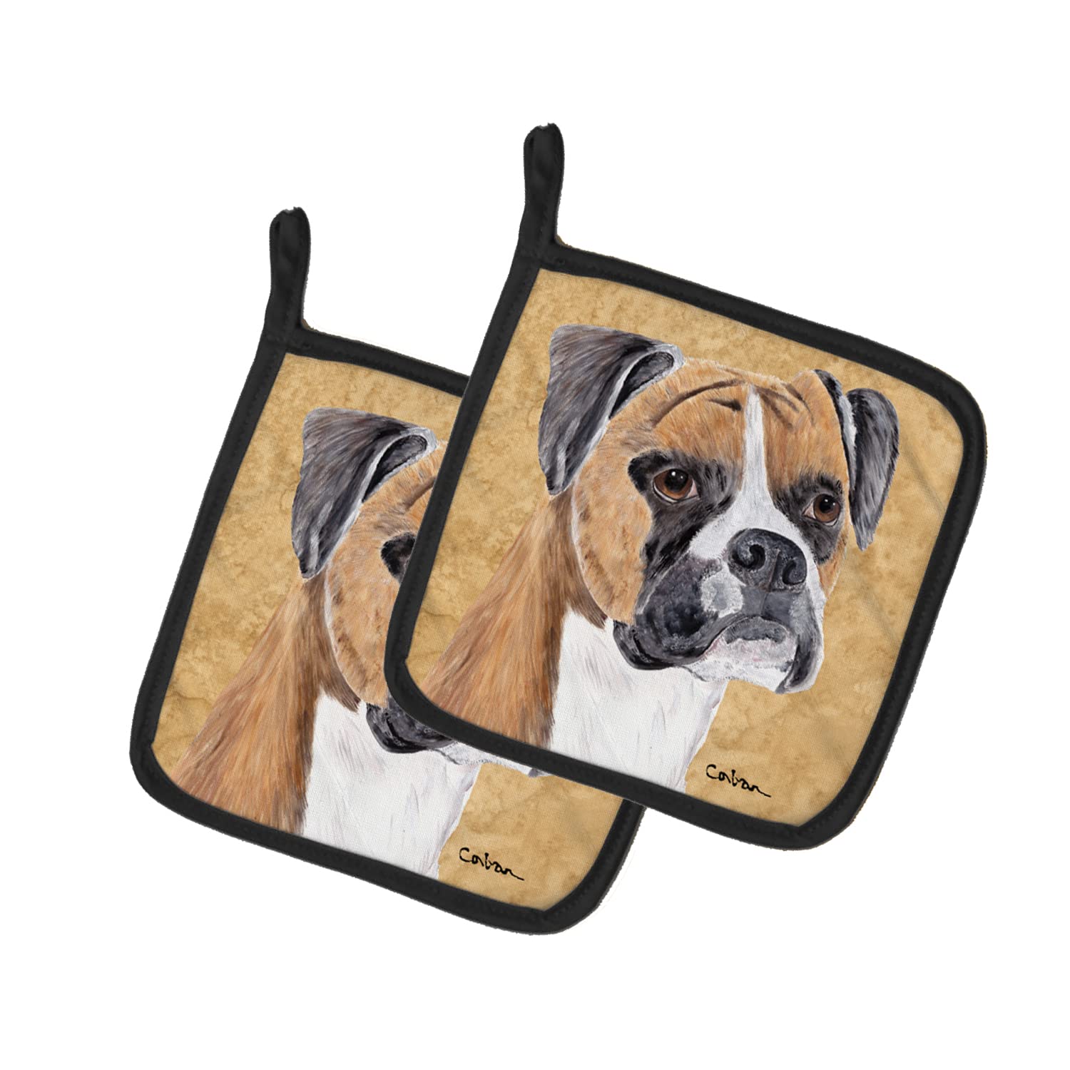 Caroline's Treasures SC9121PTHD Boxer Wipe Your Paws Pair of Pot Holders Kitchen Heat Resistant Pot Holders Sets Oven Hot Pads for Cooking Baking BBQ, 7 1/2 x 7 1/2