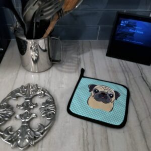 Caroline's Treasures BB1200PTHD Checkerboard Blue Fawn Pug Pair of Pot Holders Kitchen Heat Resistant Pot Holders Sets Oven Hot Pads for Cooking Baking BBQ, 7 1/2 x 7 1/2