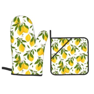 Lemon Flower White Oven Mitts and Pot Holders Heat Resistant 4 Pcs Sets Waterproof Non-Slip for BBQ Cooking Baking Grilling