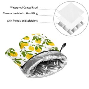 Lemon Flower White Oven Mitts and Pot Holders Heat Resistant 4 Pcs Sets Waterproof Non-Slip for BBQ Cooking Baking Grilling