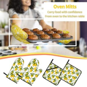 Lemon Flower White Oven Mitts and Pot Holders Heat Resistant 4 Pcs Sets Waterproof Non-Slip for BBQ Cooking Baking Grilling