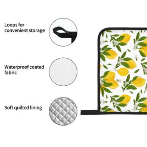 Lemon Flower White Oven Mitts and Pot Holders Heat Resistant 4 Pcs Sets Waterproof Non-Slip for BBQ Cooking Baking Grilling