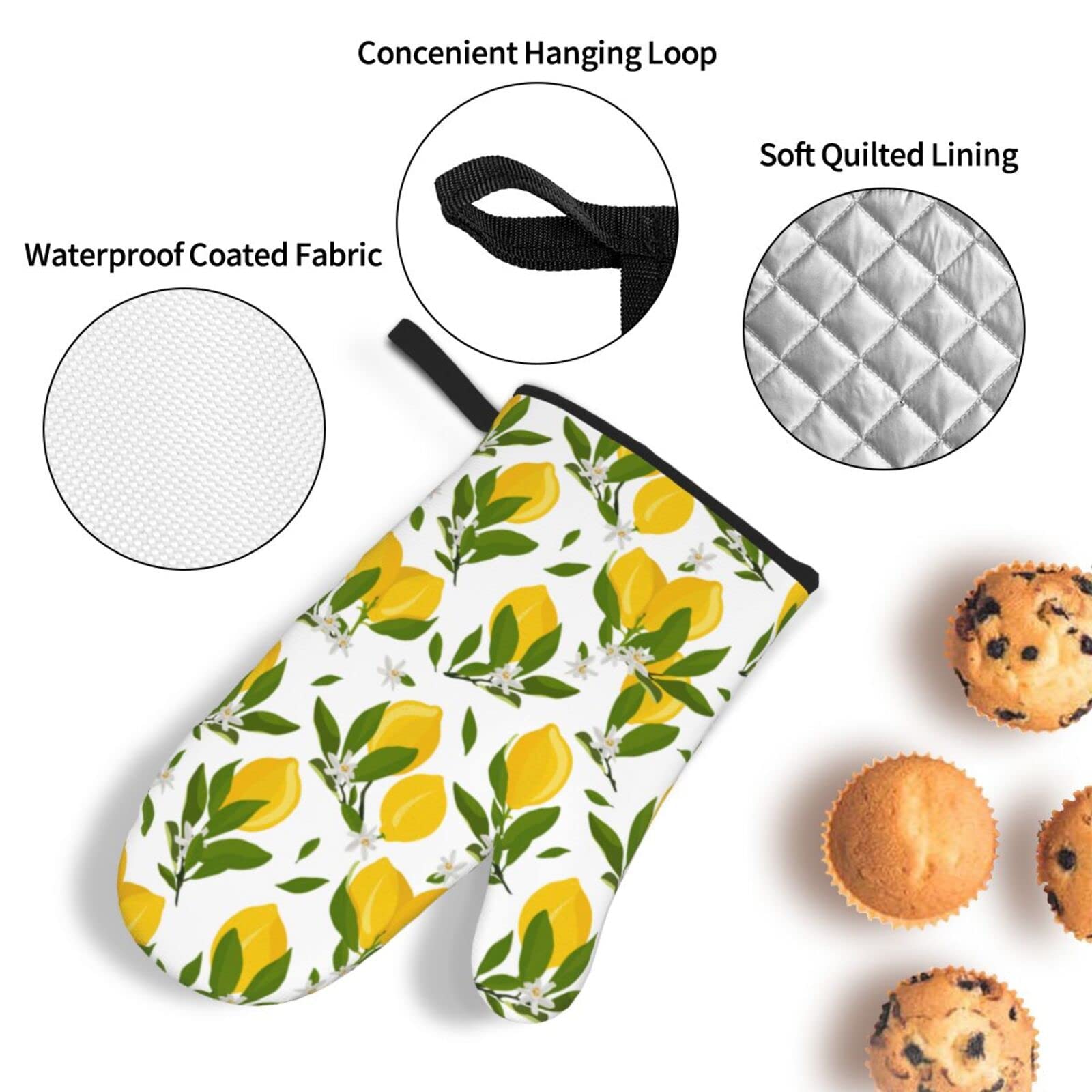 Lemon Flower White Oven Mitts and Pot Holders Heat Resistant 4 Pcs Sets Waterproof Non-Slip for BBQ Cooking Baking Grilling