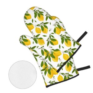 Lemon Flower White Oven Mitts and Pot Holders Heat Resistant 4 Pcs Sets Waterproof Non-Slip for BBQ Cooking Baking Grilling