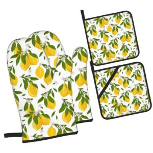 Lemon Flower White Oven Mitts and Pot Holders Heat Resistant 4 Pcs Sets Waterproof Non-Slip for BBQ Cooking Baking Grilling