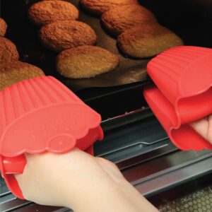 Baker's Secret - Cute Silicone Oven Mitts Pot Holder Set of 2, Extra Grip, Cupcake Muffin Design Oven Mitt, Kitchen Accessories - Red