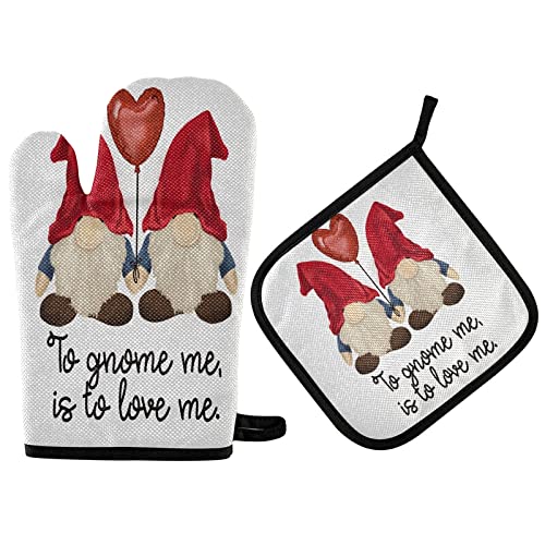 Valentine Quote Gnomes Oven Mitts Pot Holder Sets 2pcs Red Love Heart Non-Slip Kitchen Heat Resistant Hot Pads for Women Cooking Gloves Baking Wear BBQ