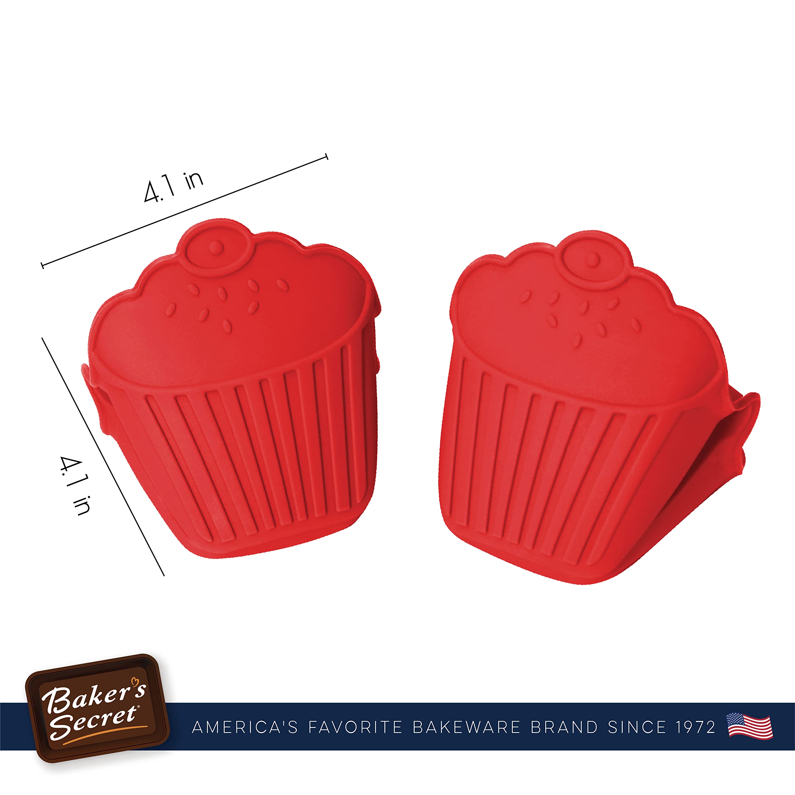 Baker's Secret - Cute Silicone Oven Mitts Pot Holder Set of 2, Extra Grip, Cupcake Muffin Design Oven Mitt, Kitchen Accessories - Red