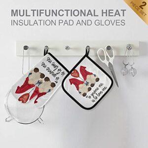 Valentine Quote Gnomes Oven Mitts Pot Holder Sets 2pcs Red Love Heart Non-Slip Kitchen Heat Resistant Hot Pads for Women Cooking Gloves Baking Wear BBQ