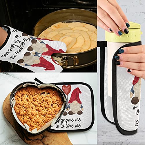 Valentine Quote Gnomes Oven Mitts Pot Holder Sets 2pcs Red Love Heart Non-Slip Kitchen Heat Resistant Hot Pads for Women Cooking Gloves Baking Wear BBQ