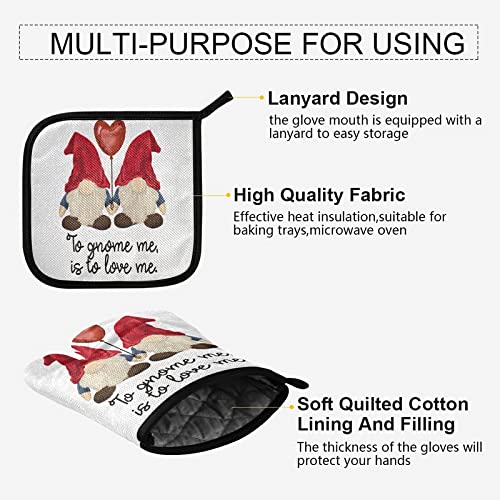 Valentine Quote Gnomes Oven Mitts Pot Holder Sets 2pcs Red Love Heart Non-Slip Kitchen Heat Resistant Hot Pads for Women Cooking Gloves Baking Wear BBQ