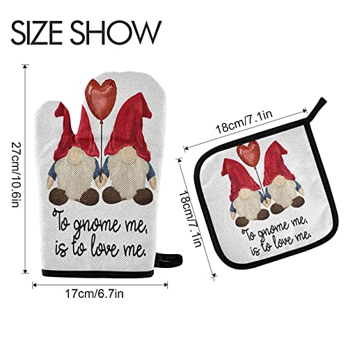 Valentine Quote Gnomes Oven Mitts Pot Holder Sets 2pcs Red Love Heart Non-Slip Kitchen Heat Resistant Hot Pads for Women Cooking Gloves Baking Wear BBQ