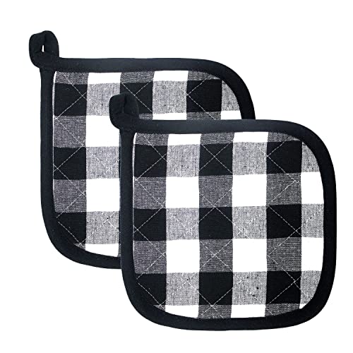 Popular Home Buffalo Checkered Plaid 2 Pack Pot Holder Set The Regal Touch Style Heat Resistant Ultra Soft Cotton, Black (973914)