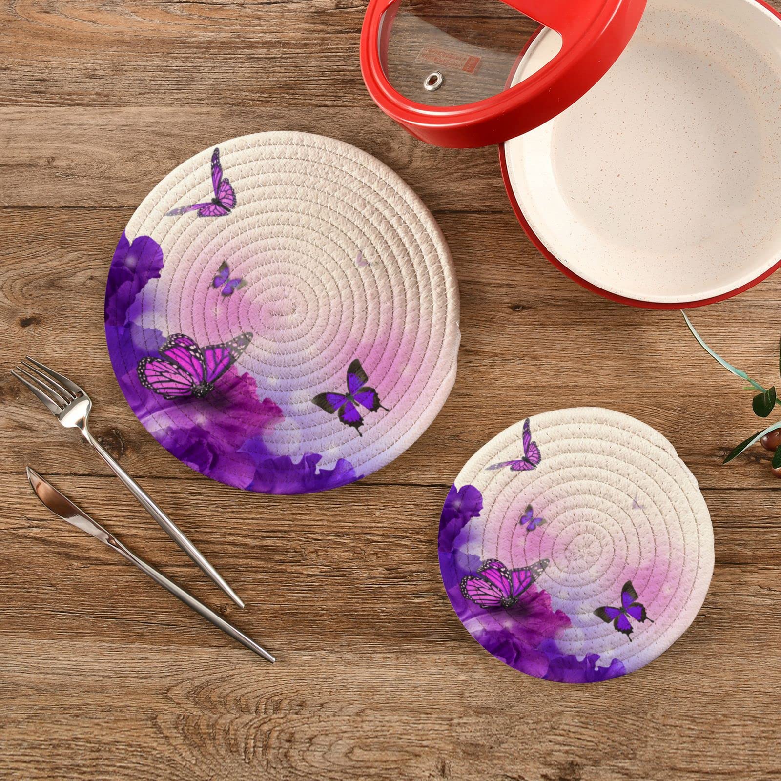 ALAZA Purple Butterflies Flowers Hydrangeas Iris PotHolders Trivets Set Cotton Hot Pot Holders Set Farmhouse Coasters,Hot Pads,Hot Mats for Kitchen Counter Decorative