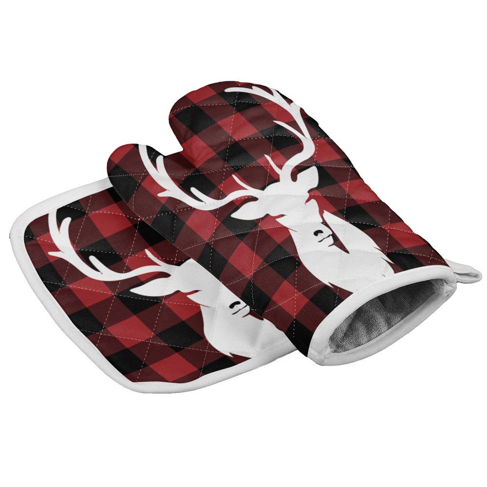 Set of Oven Mitt and Pot Holder Buffalo Check Plaid Red Kitchen Mittens Heat Resistance Non-Slip Surface for Kitchen BBQ Cooking Baking Grilling,Deer