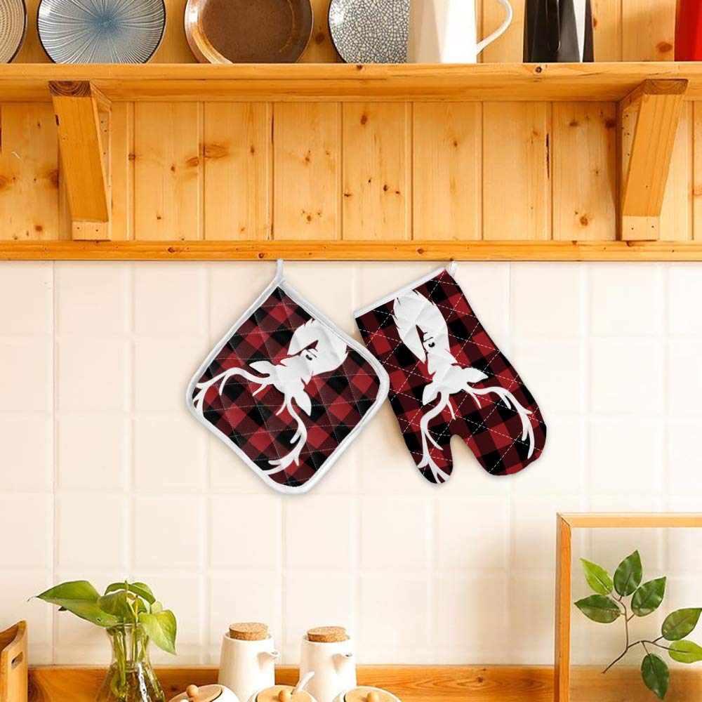 Set of Oven Mitt and Pot Holder Buffalo Check Plaid Red Kitchen Mittens Heat Resistance Non-Slip Surface for Kitchen BBQ Cooking Baking Grilling,Deer