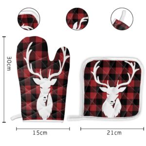 Set of Oven Mitt and Pot Holder Buffalo Check Plaid Red Kitchen Mittens Heat Resistance Non-Slip Surface for Kitchen BBQ Cooking Baking Grilling,Deer