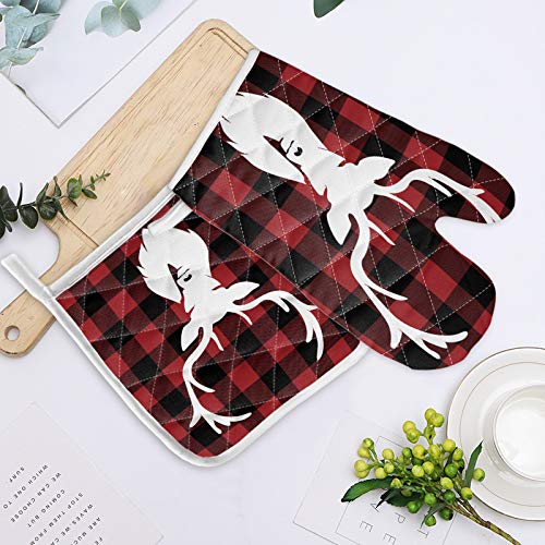 Set of Oven Mitt and Pot Holder Buffalo Check Plaid Red Kitchen Mittens Heat Resistance Non-Slip Surface for Kitchen BBQ Cooking Baking Grilling,Deer