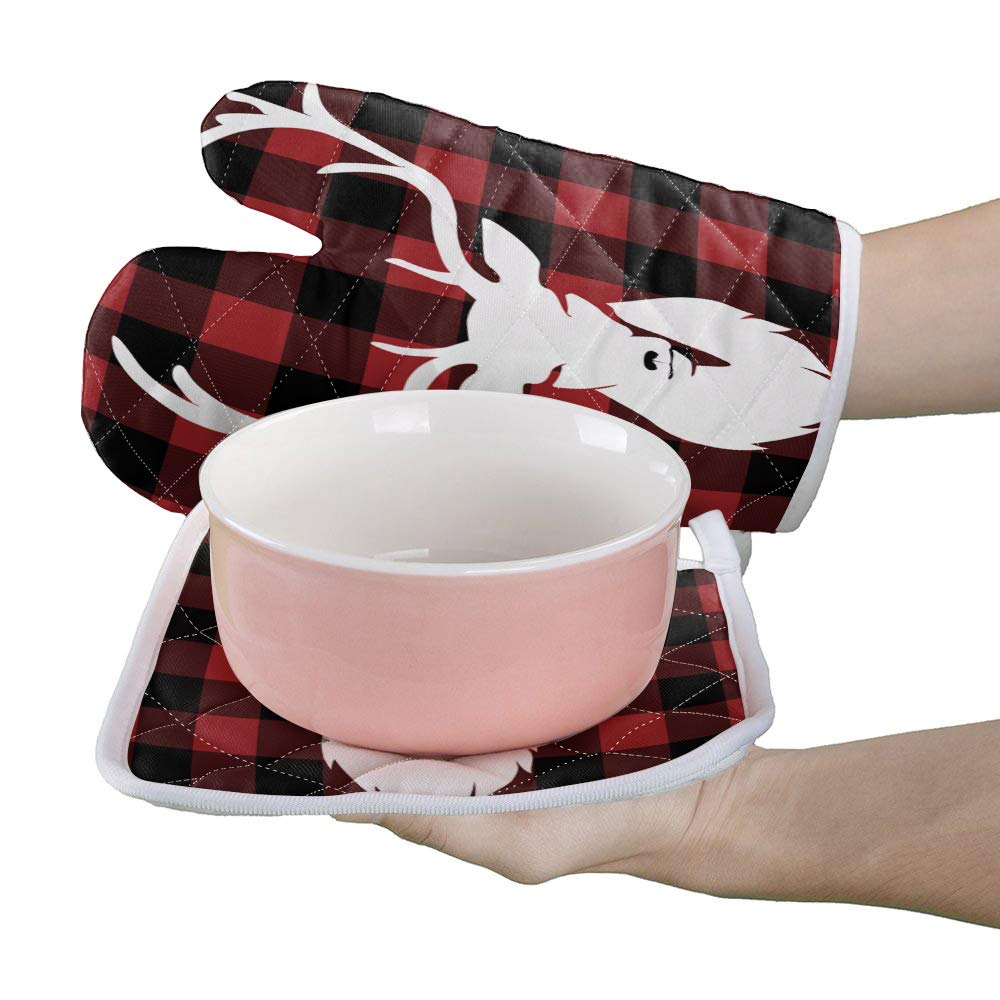 Set of Oven Mitt and Pot Holder Buffalo Check Plaid Red Kitchen Mittens Heat Resistance Non-Slip Surface for Kitchen BBQ Cooking Baking Grilling,Deer