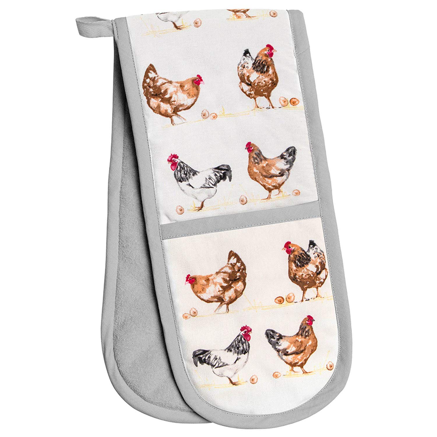 The Leonardo Collection Double Oven Gloves - Grey - Chickens Design - Kitchen Accessories Pot Holders