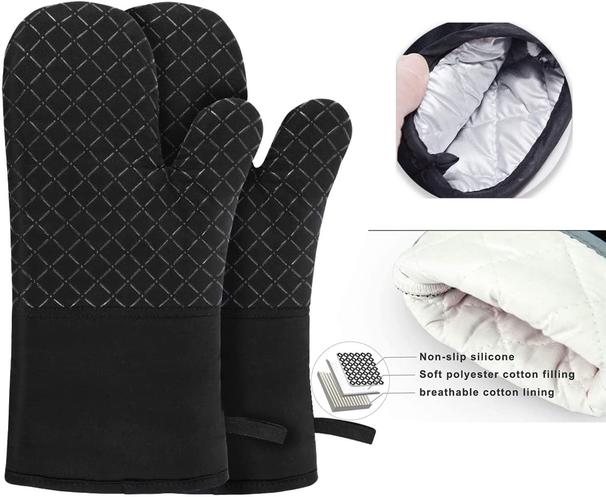 4pcs Oven Mitts and Pot Holders, BetterJonny Extra Long Oven Gloves High Heat Resistant Ovenmitts Potholders with Non-Slip Silicone Surface