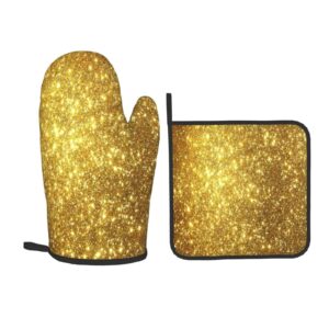 Gold Oven Mitts and Pot Holders Sets Heat Resistant 2 Pcs Kitchen Sets for Kitchen,Cooking,Baking,Grilling,Cooks Gifts