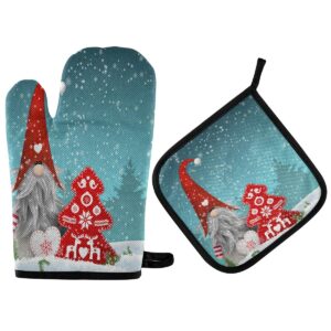 merry christmas tomte winter snowflake pattern oven mitts and pot holders set, heat resistant non-slip gloves hot pads insulated for bbq, grill, baking, cooking, oven, microwave, kitchen gift