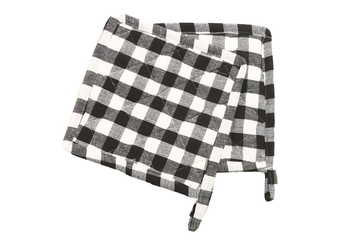 Heat Resistant Pot Holders 100% Cotton Everyday Quality Kitchen Cooking Dual-Function Hot Pad/Pot Holder- Square- Size 7" x 7" - Buffalo Plaid Pattern (Black/White) - { Pack of 5 }