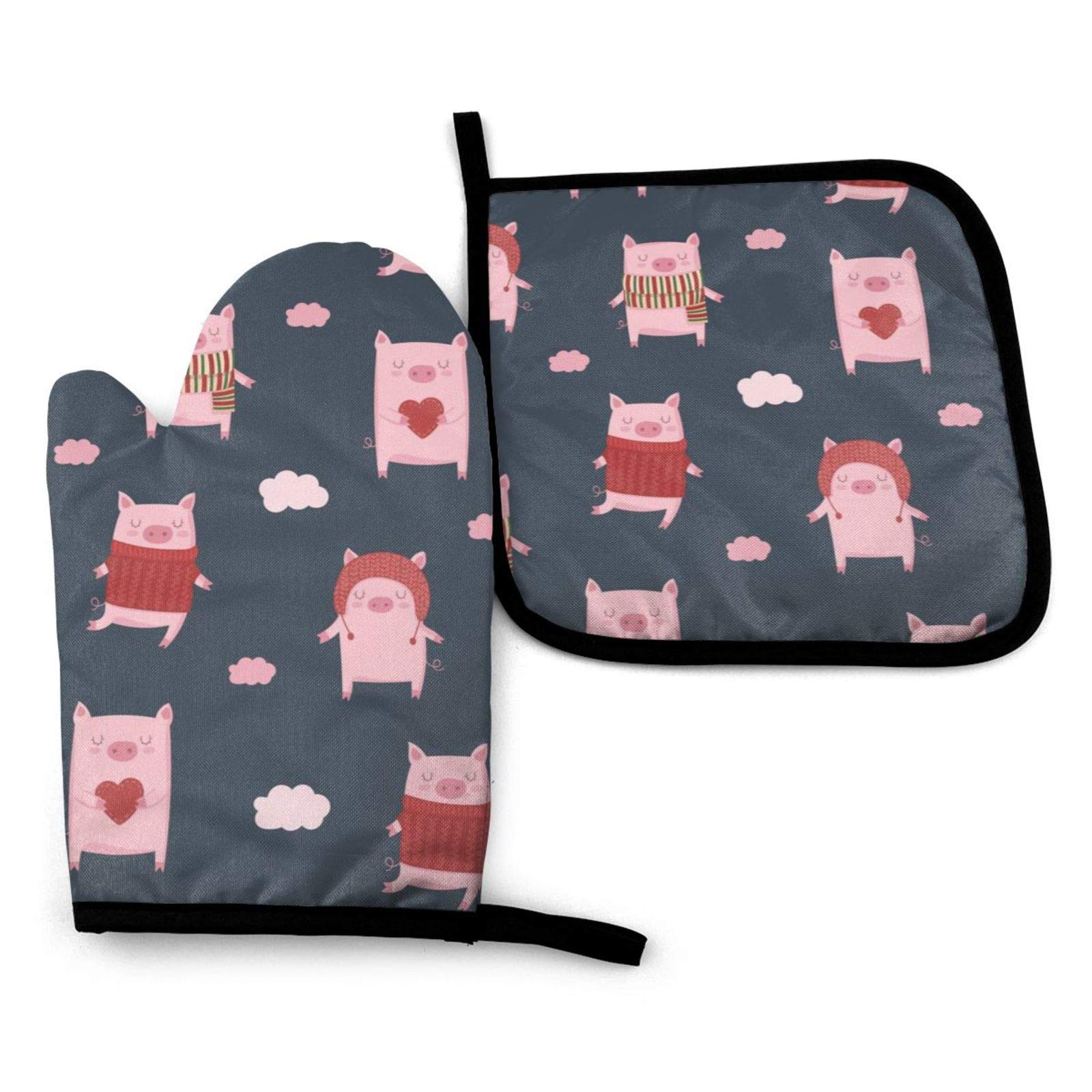 Cute Cartoon Pigs Oven Mitts and Pot Holders Sets Heat Resistant Oven Gloves with Non-Slip Surface for Reusable for Baking BBQ Cooking