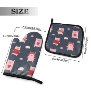 Cute Cartoon Pigs Oven Mitts and Pot Holders Sets Heat Resistant Oven Gloves with Non-Slip Surface for Reusable for Baking BBQ Cooking