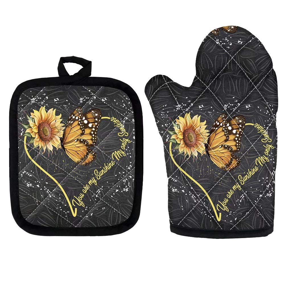 HUISEFOR Sunflower Butterfly Multi-Function Oven Mitts and Pot Holders 2 Pack,Kitchen Accessories Heat Resistant Hot Pads Polyester Non-Slip Gloves for Kitchen,Cooking,Baking,Grilling