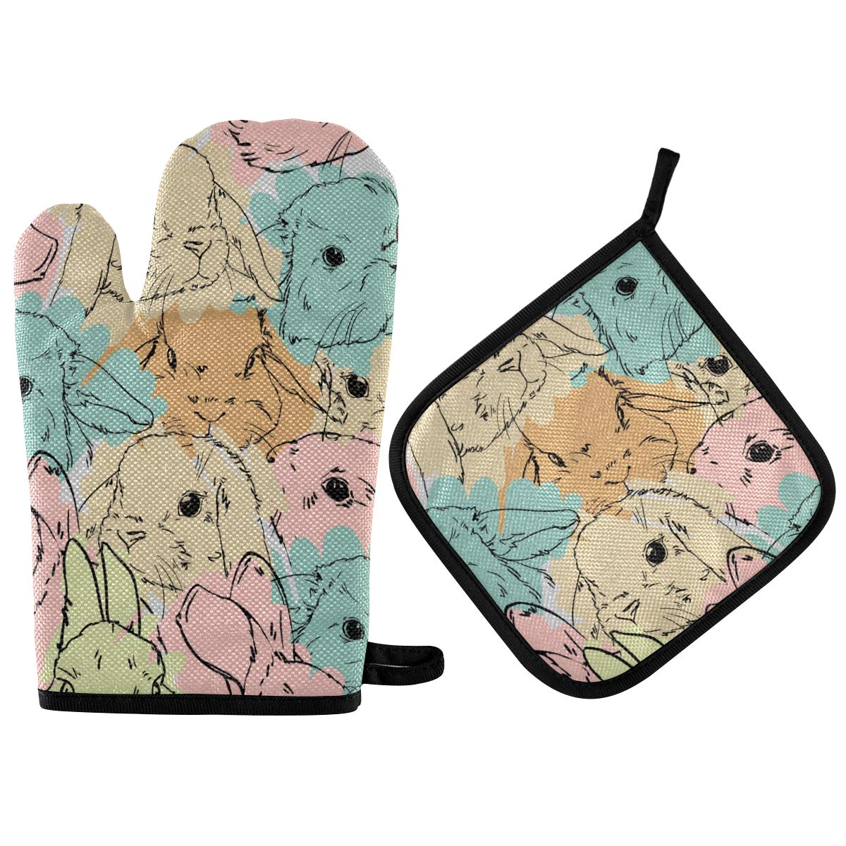 VIKKO Cute Rabbit Sketch Colorful Bunny Oven Mitts and Potholders - Cotton Lining - Machine Washable - Heat Resistant Kitchen Gloves for Women Baking Cooking