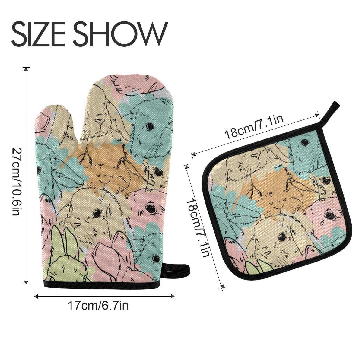 VIKKO Cute Rabbit Sketch Colorful Bunny Oven Mitts and Potholders - Cotton Lining - Machine Washable - Heat Resistant Kitchen Gloves for Women Baking Cooking