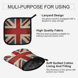 ZZKKO London Union Jack Oven Mitts and Potholder Set Heat Resistant Kitchen Counter Safe Mats Oven Gloves Non-Slip Grip for BBQ Grill Baking Cooking Oven Microwave to Protect Hands and Surfaces