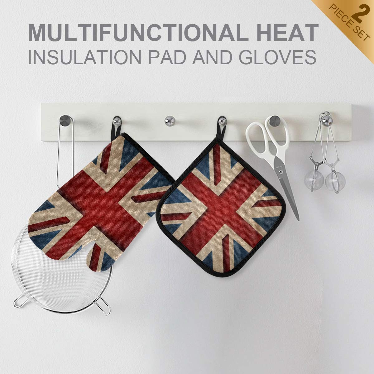 ZZKKO London Union Jack Oven Mitts and Potholder Set Heat Resistant Kitchen Counter Safe Mats Oven Gloves Non-Slip Grip for BBQ Grill Baking Cooking Oven Microwave to Protect Hands and Surfaces