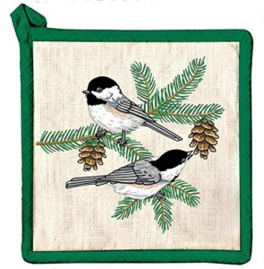 paine's chickadee & branch pot holder 8"x8" 100% cotton tree needles hot pad bird