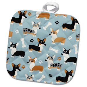 3drose cute corgi dog pattern blue pot holder, 8 x 8