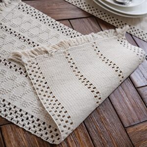 Alynsehom Macrame Table Runner Cream Beige Boho Table Runner with Tassels Hand Woven Cotton Table Runner Rustic Farmhouse Table Runner for Bohemian Kitchen Dining Table(12x95in)