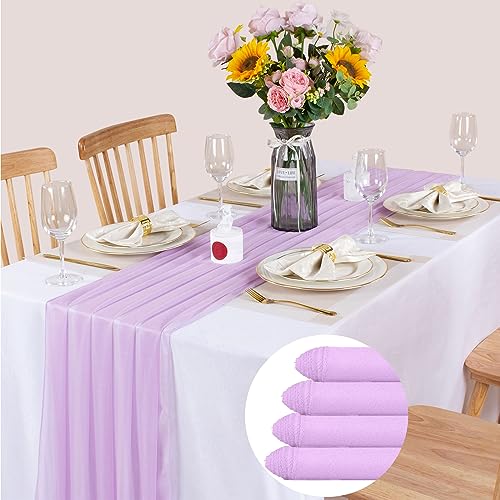 SAJOO 4PCS 10FT Lavender Chiffon Table Runners 30x120 Inches Boho Rustic Wedding Table Runner for Sheer Romantic Wedding Arch Overlay Draping Decoration and Birthday Party Table Decorations