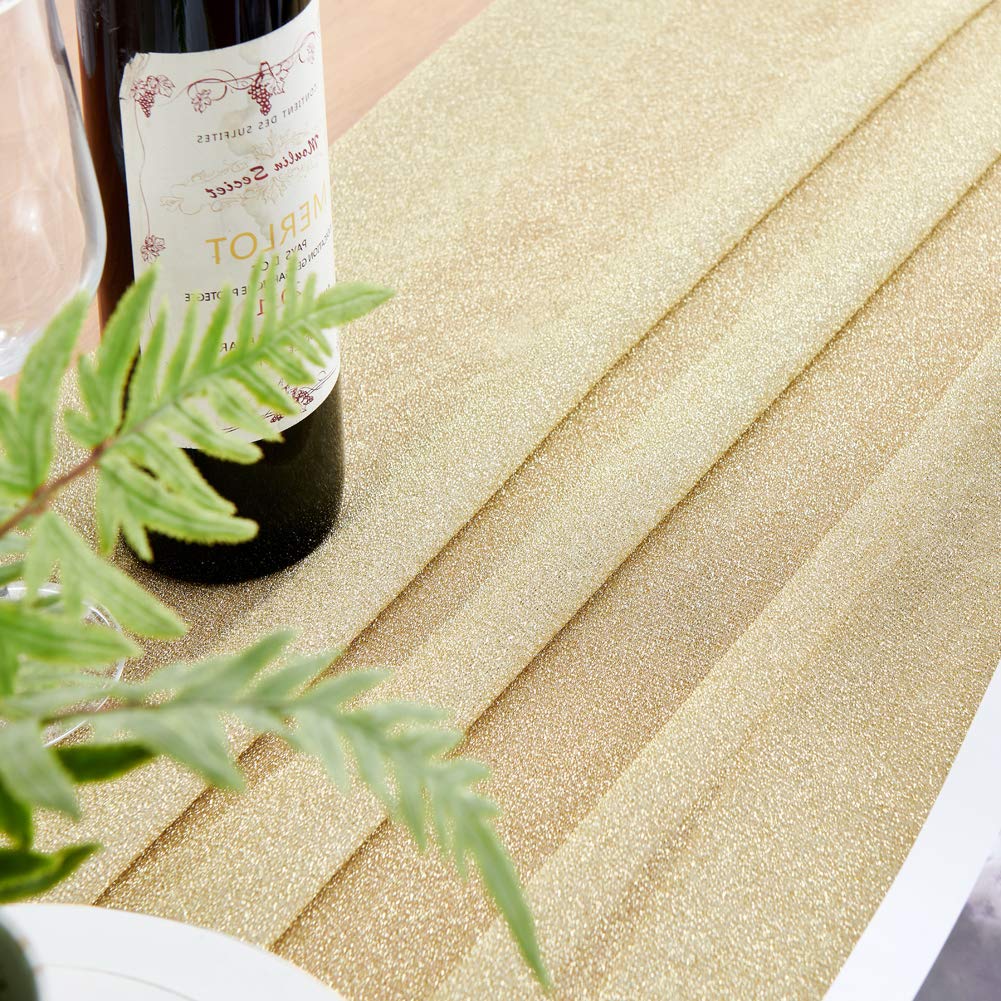 DELOVO Gold Table Runner Glitter Gauze 27X120 inches Long Table Linen for Wedding Party Banquets Bridal Home Table Arches Cake Table Decoration