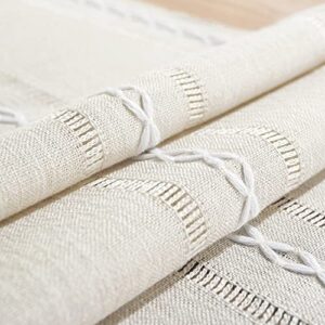 Rustic Farmhouse Style Linen Table Runner, Boho Handmade Tassel Embroidered Table Runners 48 Inches Long for Holiday Party, Wedding and Dining Decorations, 13 inchW X 48 inchL - Ivory