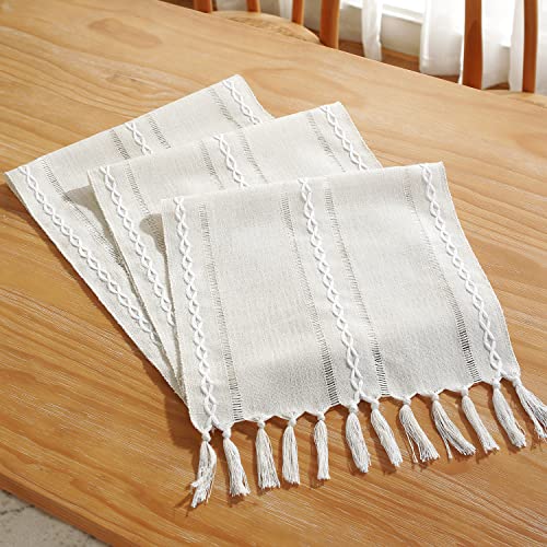 Rustic Farmhouse Style Linen Table Runner, Boho Handmade Tassel Embroidered Table Runners 48 Inches Long for Holiday Party, Wedding and Dining Decorations, 13 inchW X 48 inchL - Ivory