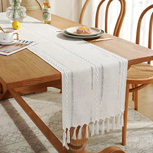 Rustic Farmhouse Style Linen Table Runner, Boho Handmade Tassel Embroidered Table Runners 48 Inches Long for Holiday Party, Wedding and Dining Decorations, 13 inchW X 48 inchL - Ivory