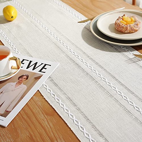 Rustic Farmhouse Style Linen Table Runner, Boho Handmade Tassel Embroidered Table Runners 48 Inches Long for Holiday Party, Wedding and Dining Decorations, 13 inchW X 48 inchL - Ivory