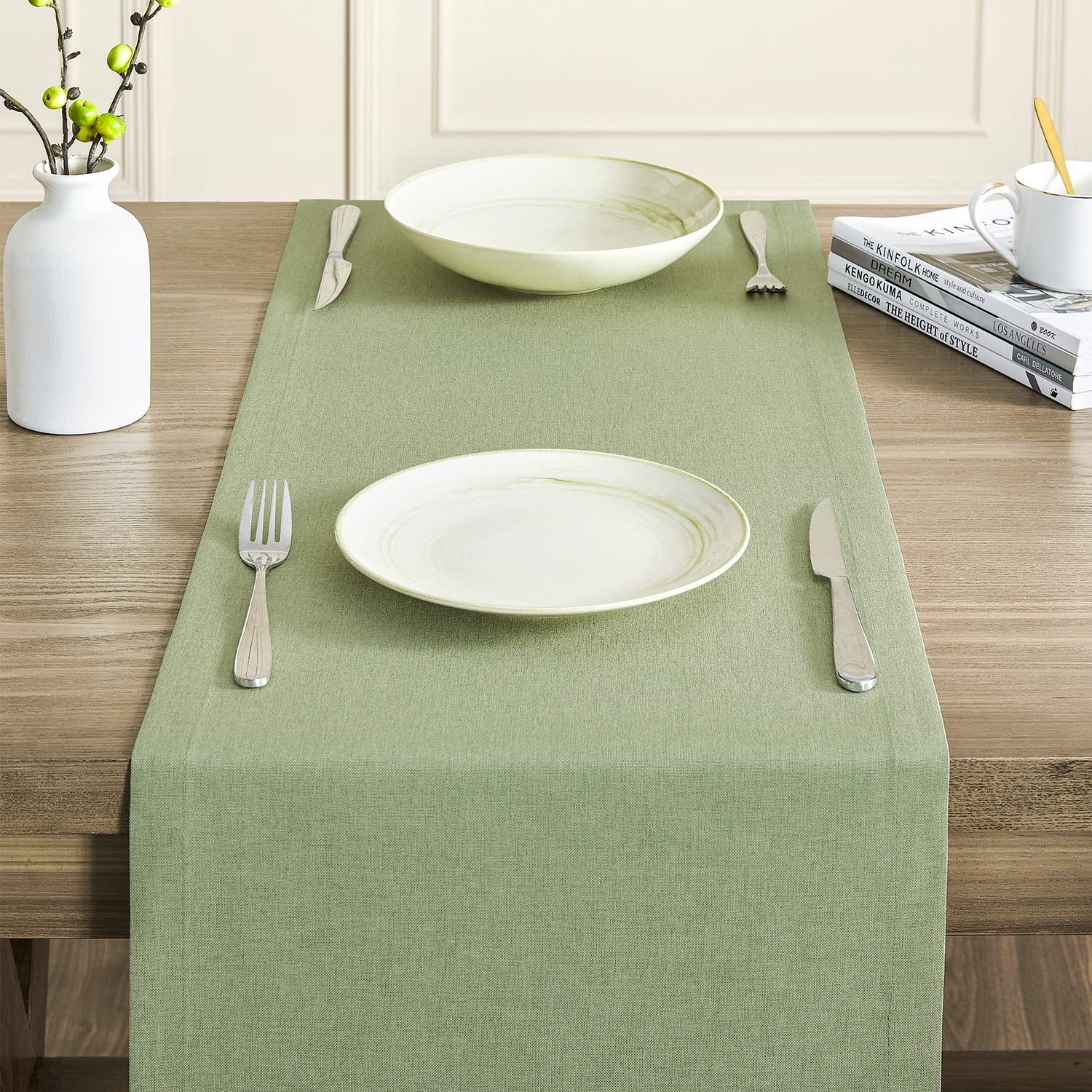 ZeeMart Basic Linen Style Table Runner, 14 x 48 Inch Sage Green, Rustic Farmhouse Green Table Runners 48 Inches Long, Everyday Polyester Table Runner - Machine Washable & Easy Care